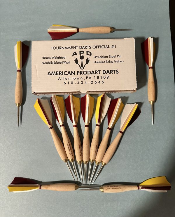 831 Burgundy, Yellow & White Wooden Turkey Feather Darts | Big Boys Darts